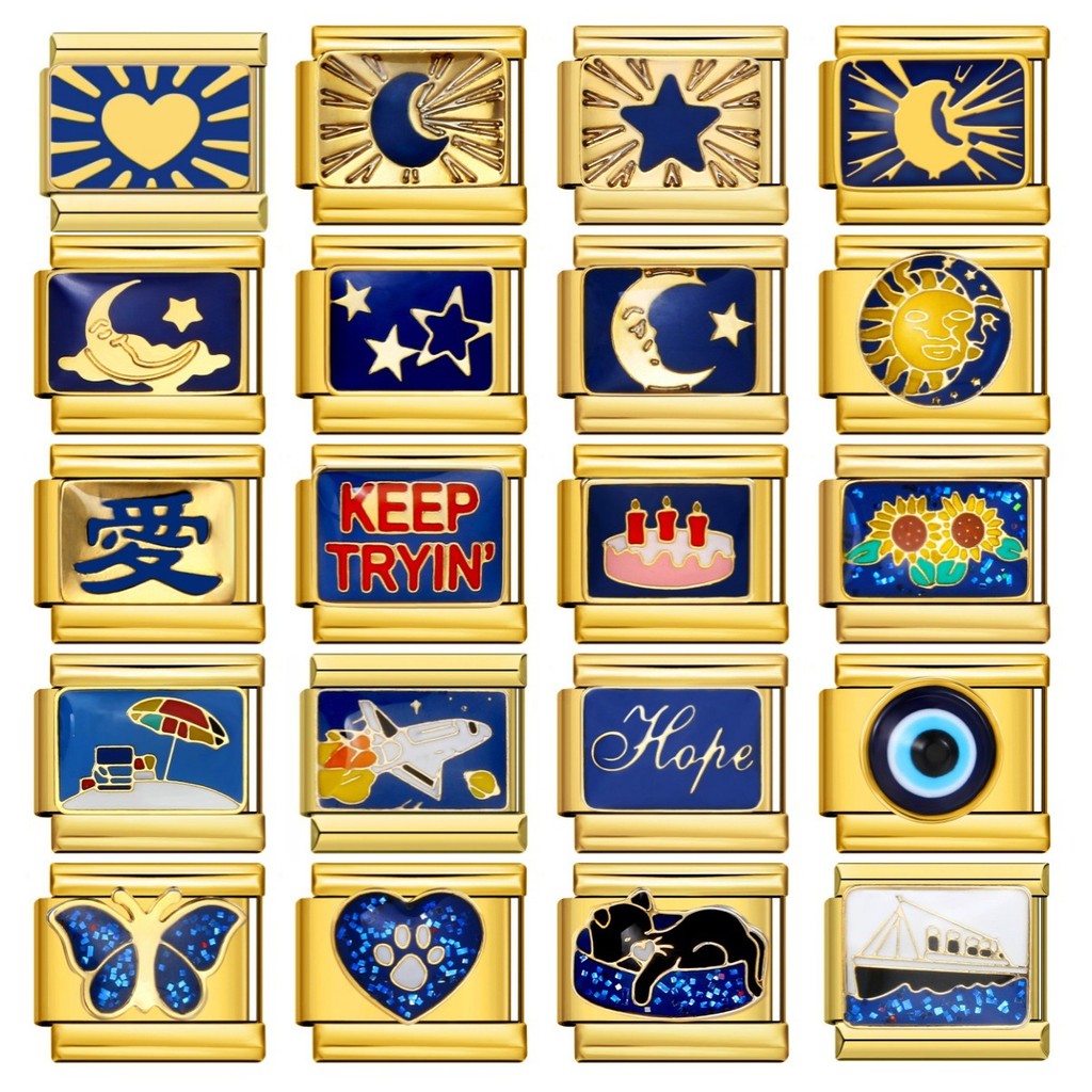 Pulseira De Aço Inoxidável Dourada Estrela Lua Azul Modular Italiana ...