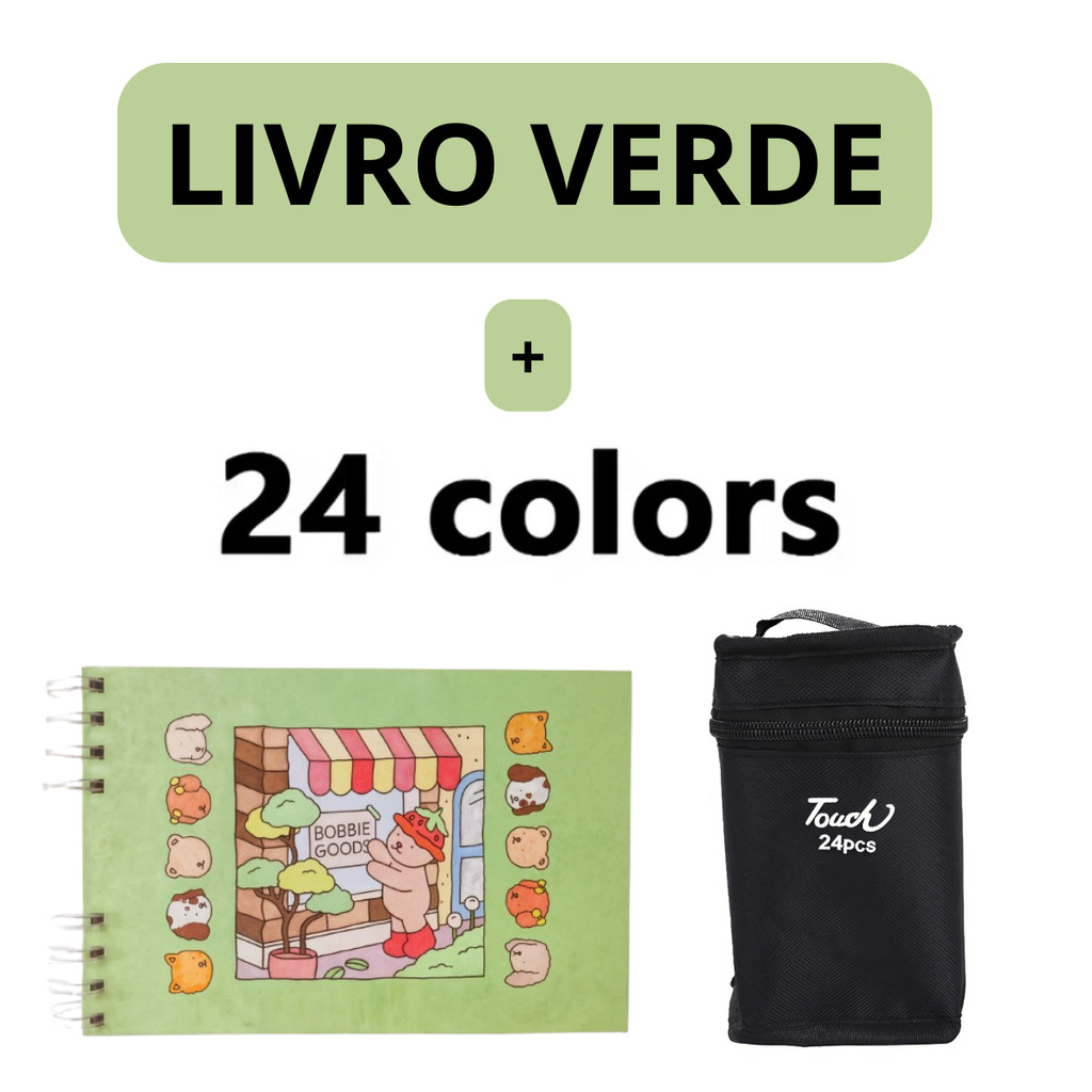 Kit Livro Colorir URSO BOB (Verde) + 24 Canetas | Shopee Brasil