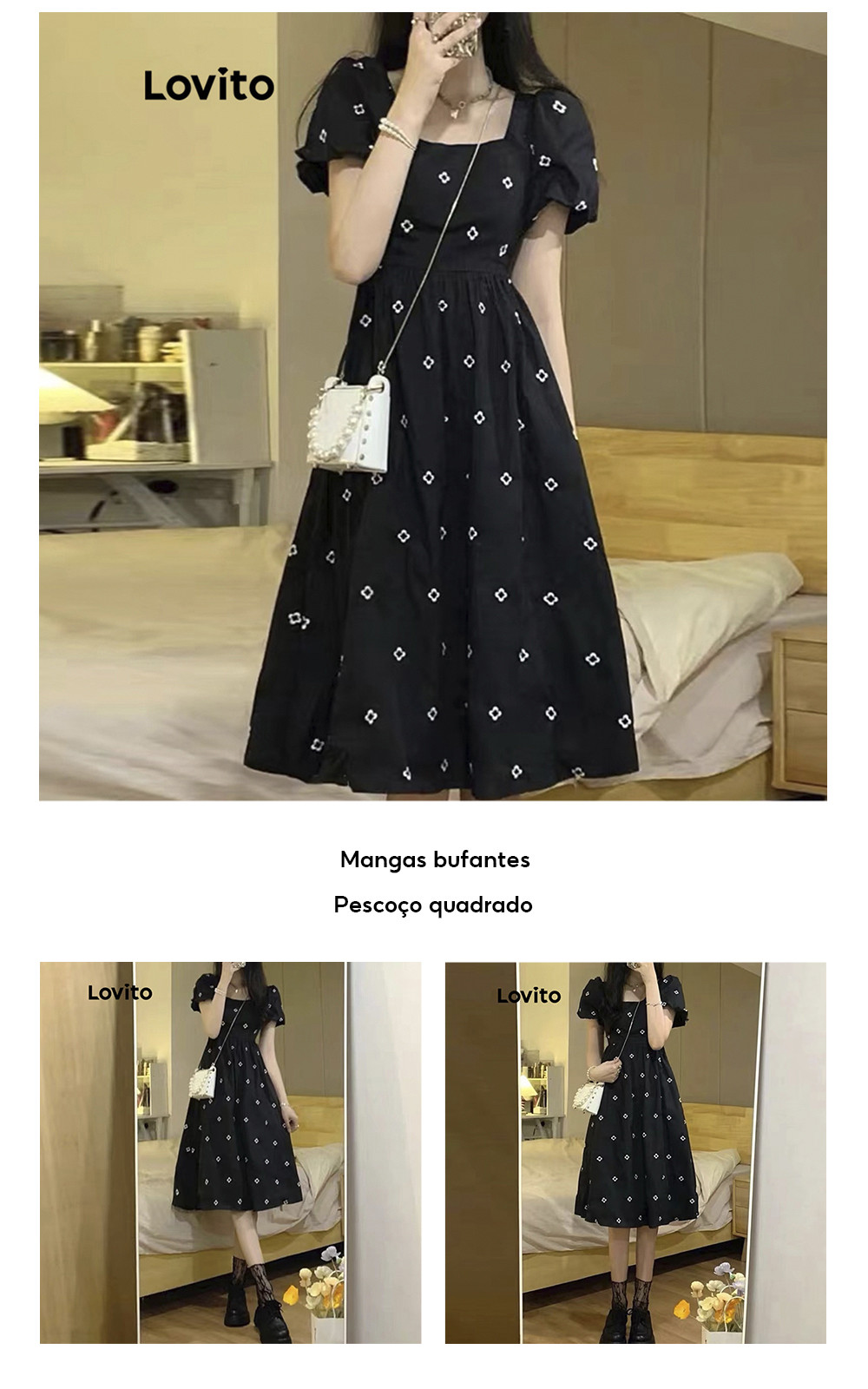 Lovito Elegante Vestido Floral Manga Bufante Gola Quadrada Vestido De ...