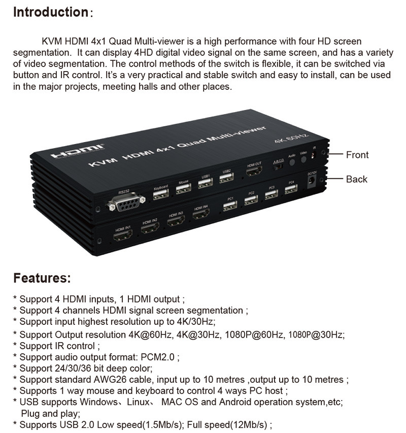 4k 60Hz KVM HDMI 4X1 Multiviewer 4 Em 1 Out Quad Screen Splitter Multi ...