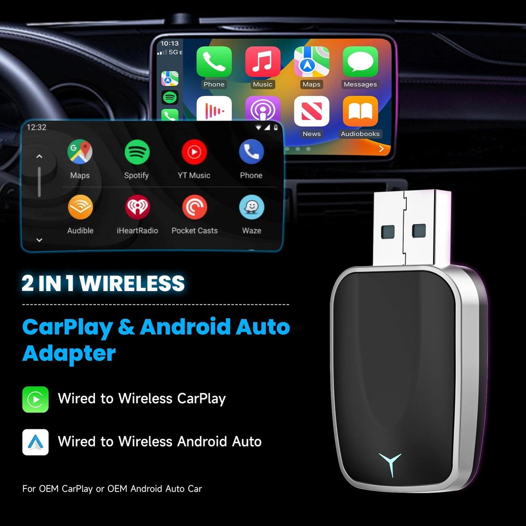 Novo Adaptador 2 em 1 com Fio para Wireless para CarPlay e Android Auto - Plug and Play | Shopee ...