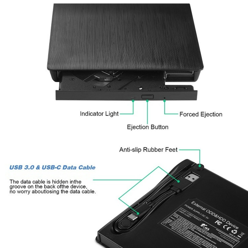 Gabinete De Unidade 12.7/9.5mm USB 3.0 Tipo C SATA Externo DVD CD-ROM ...