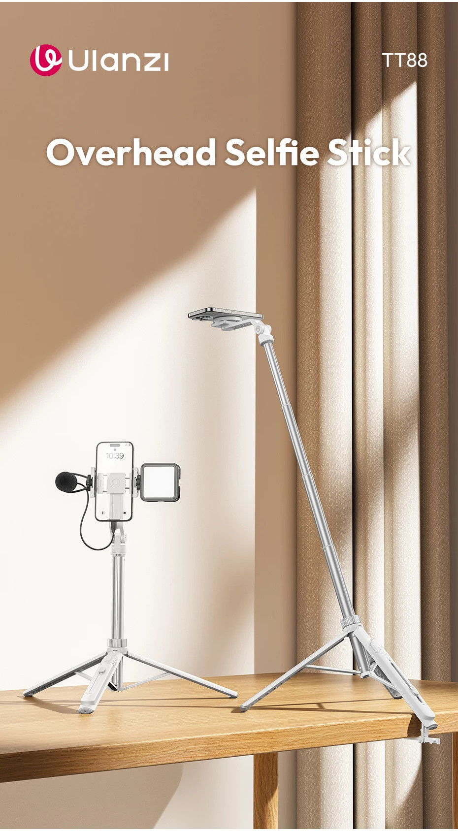 Ulanzi TT88 overhead selfie stick vlog tripé para o telefone braçadeira ...