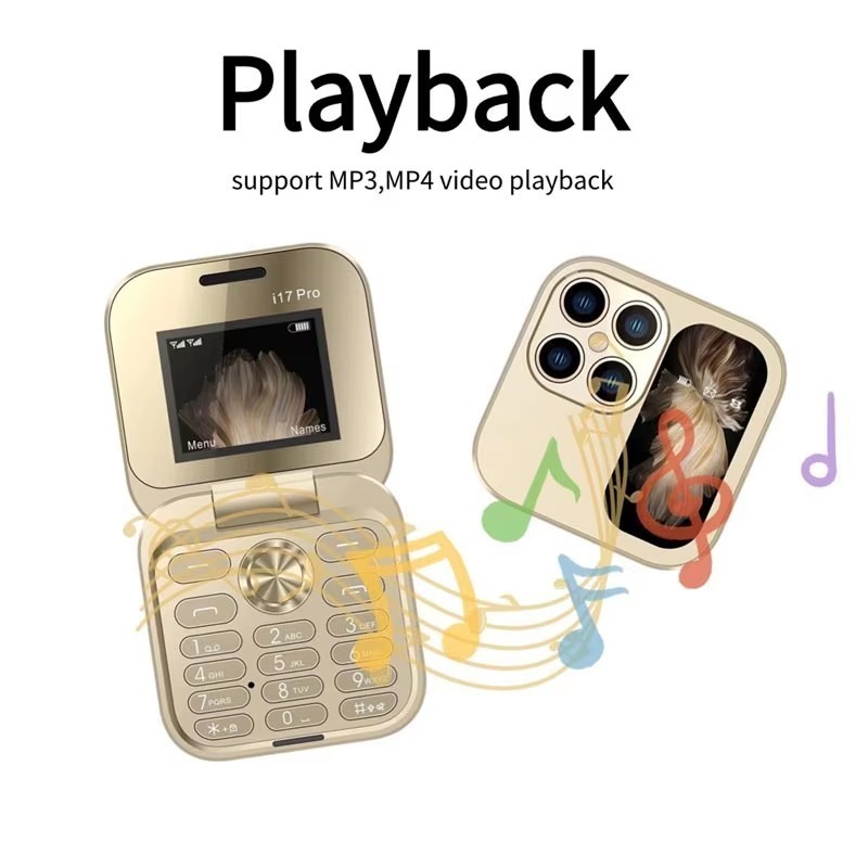 i17 Pro Mini Flip Phone Rádio FM Voz Magia Lista Negra Mostrador Rápido ...