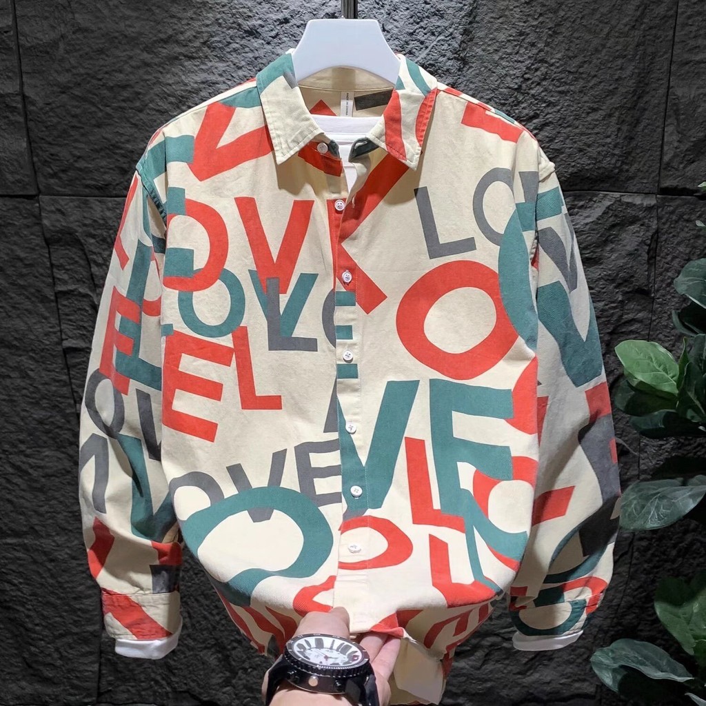 Outono Estilo Coreano Carta Impressão Lazer Camisa De Manga Longa Solta ...