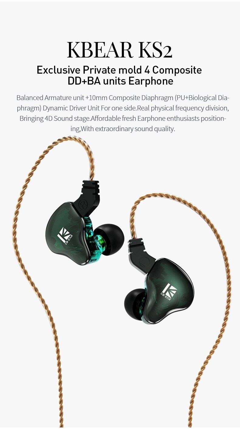 Uareliffe KBEAR KS2 Fones De Ouvido Com Fio HiFi Sound Hybrid DD + BA Monitor Intra-Auricular ...