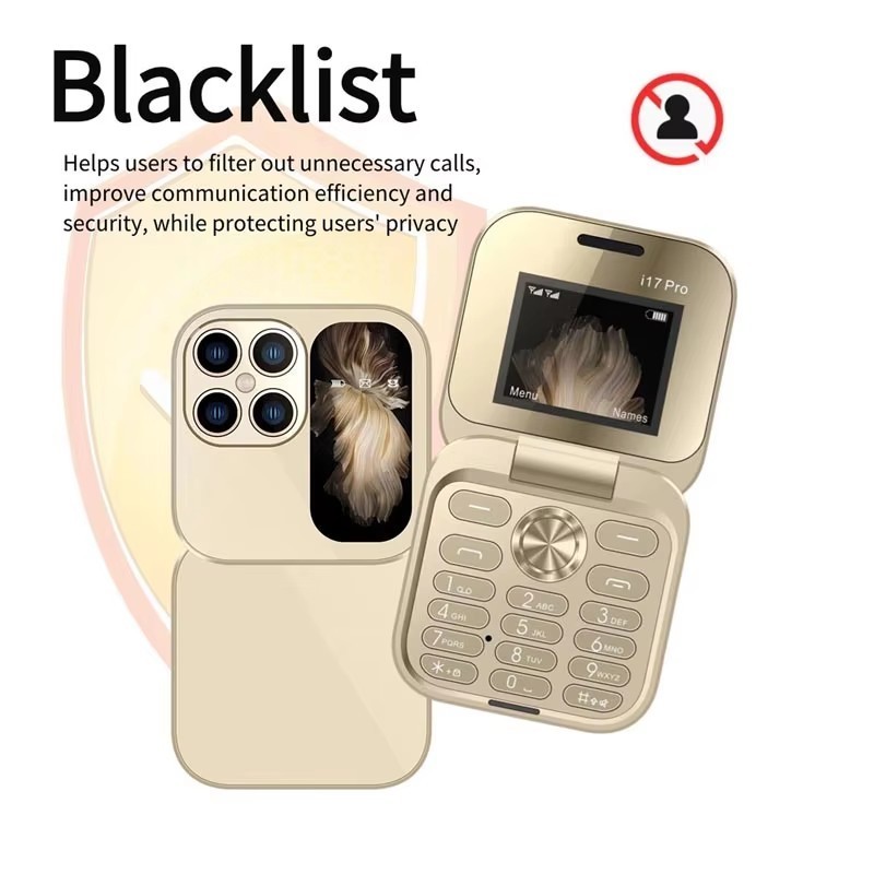 i17 Pro Mini Flip Phone Rádio FM Voz Magia Lista Negra Mostrador Rápido ...