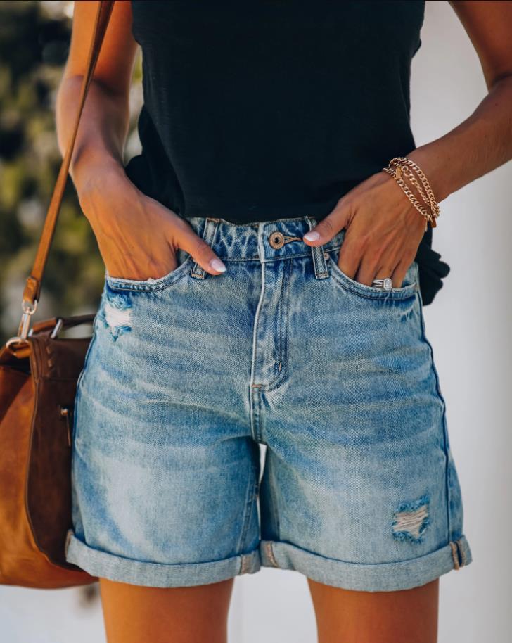 Shorts jeans femininos casuais rasgados lavados retos Calças | Shopee ...