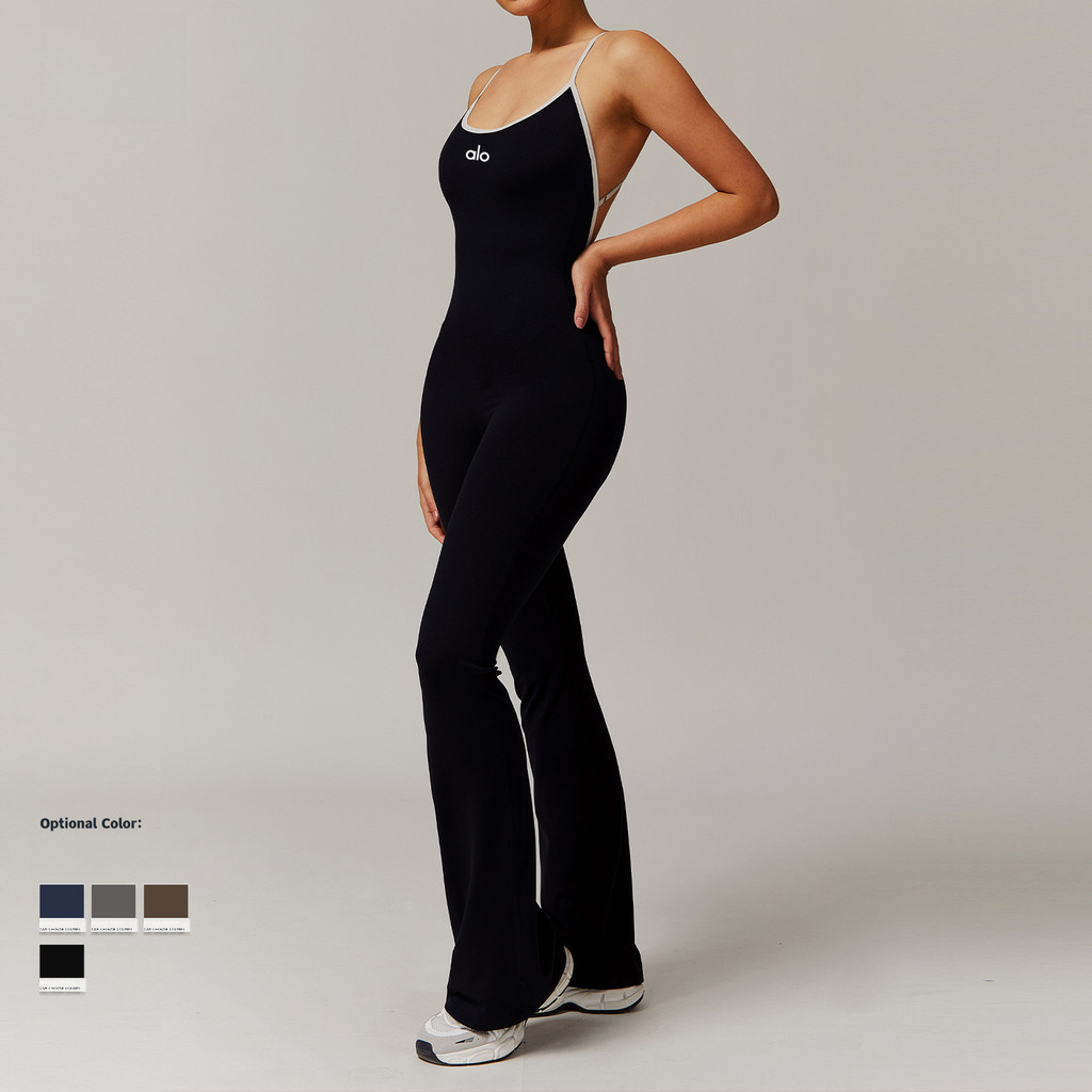 Alo Nude Feel Cross Back Yoga Jumpsuit Ruched Flared Running Sports ...