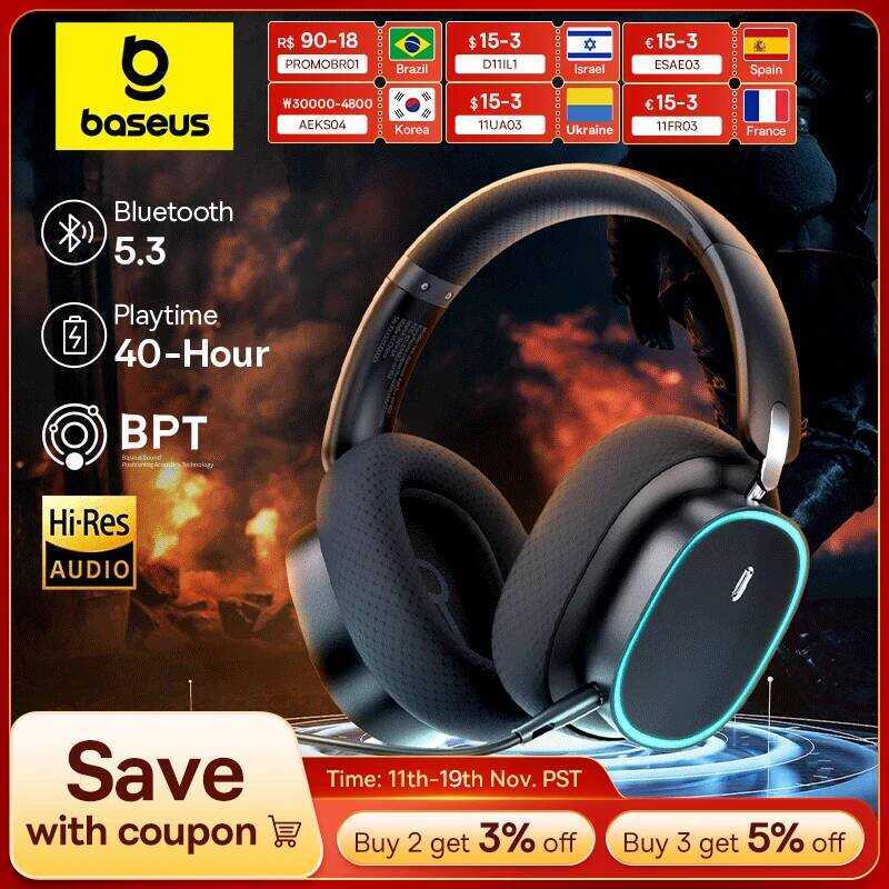 Baseus GH02 Fone De Ouvido Sem Fio Para Jogos Com Microfone Fones Bluetooth 5.3 40mm Driver 2.4G ...