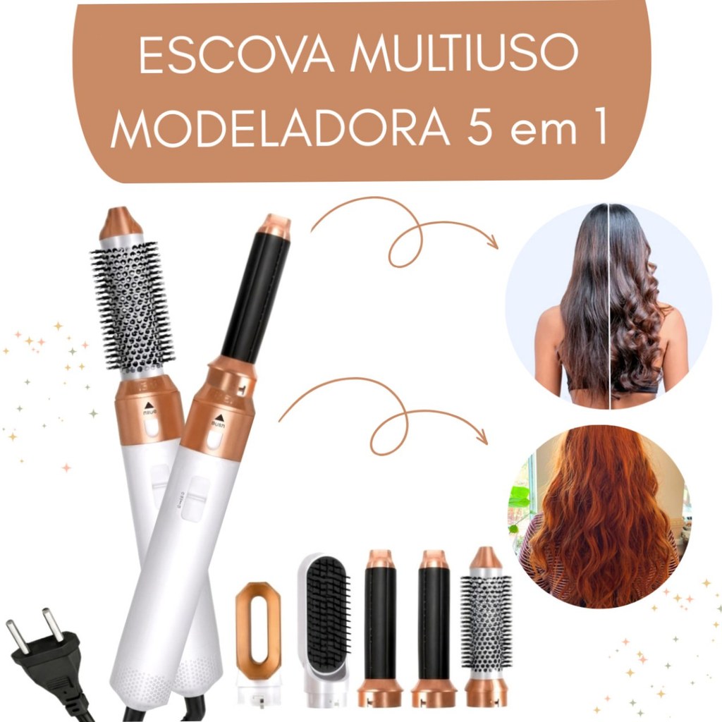 PREMIUM Branca c/ Dourada - Escova 5 em 1 Multiuso 220V - Seca, Modela ...