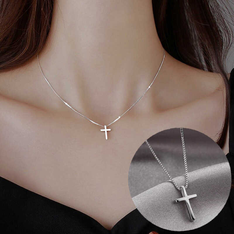 Cor de prata esterlina japonês coreano cruz colar feminino simples ...
