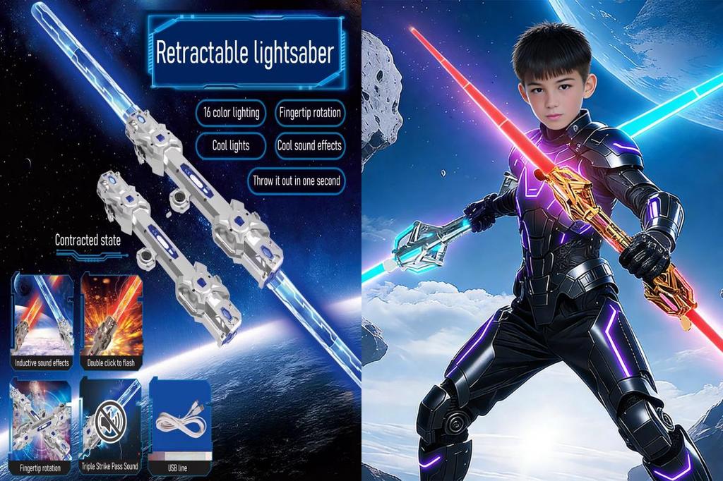 Toy Swords Retractable Lightsaber Double-blade Led with 16 Colors Sound ...