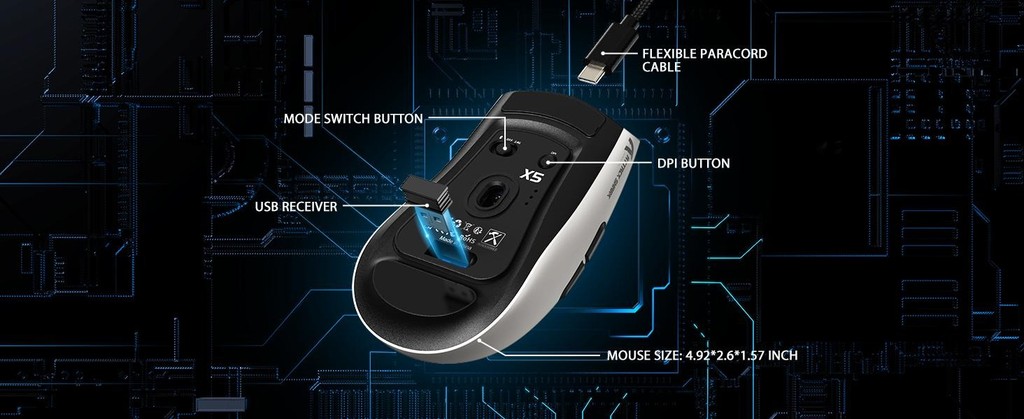 ATTACK SHARK X5 Mouse Para Jogos Sem Fio Tri-Modes BT 5.1/2.4 Ghz/USB-C ...