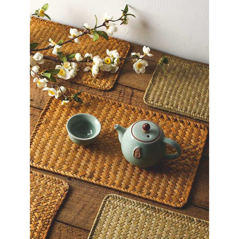 Seagrass mão-tecido Anti-escaldante Placemat Retro mesa de café esteira ...