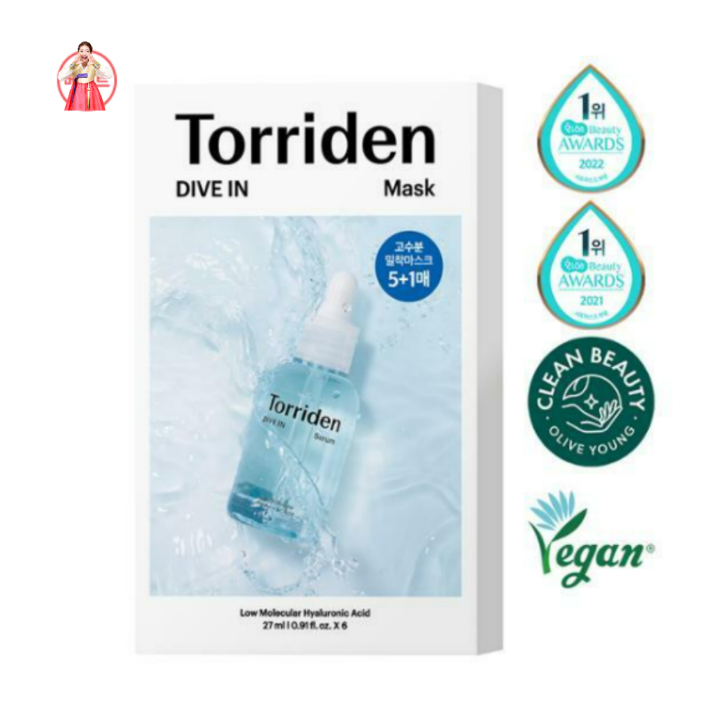 Torriden Dive-In Máscara De Ácido Hialurônico Molecular Baixo Pacote 5 Folhas + 1 Folha ...