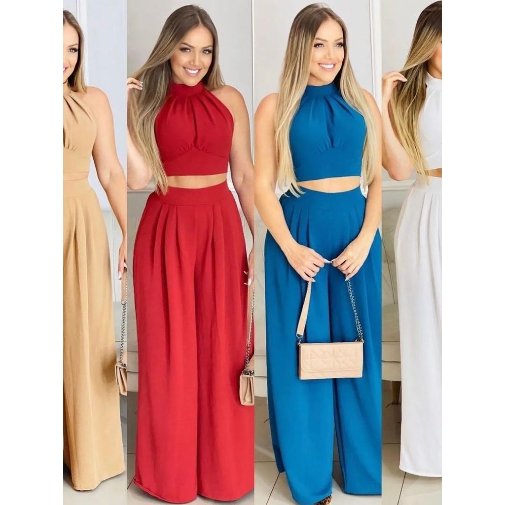 Conjunto feminino duna areia calça pantalona e cropped com bojo modelo ...
