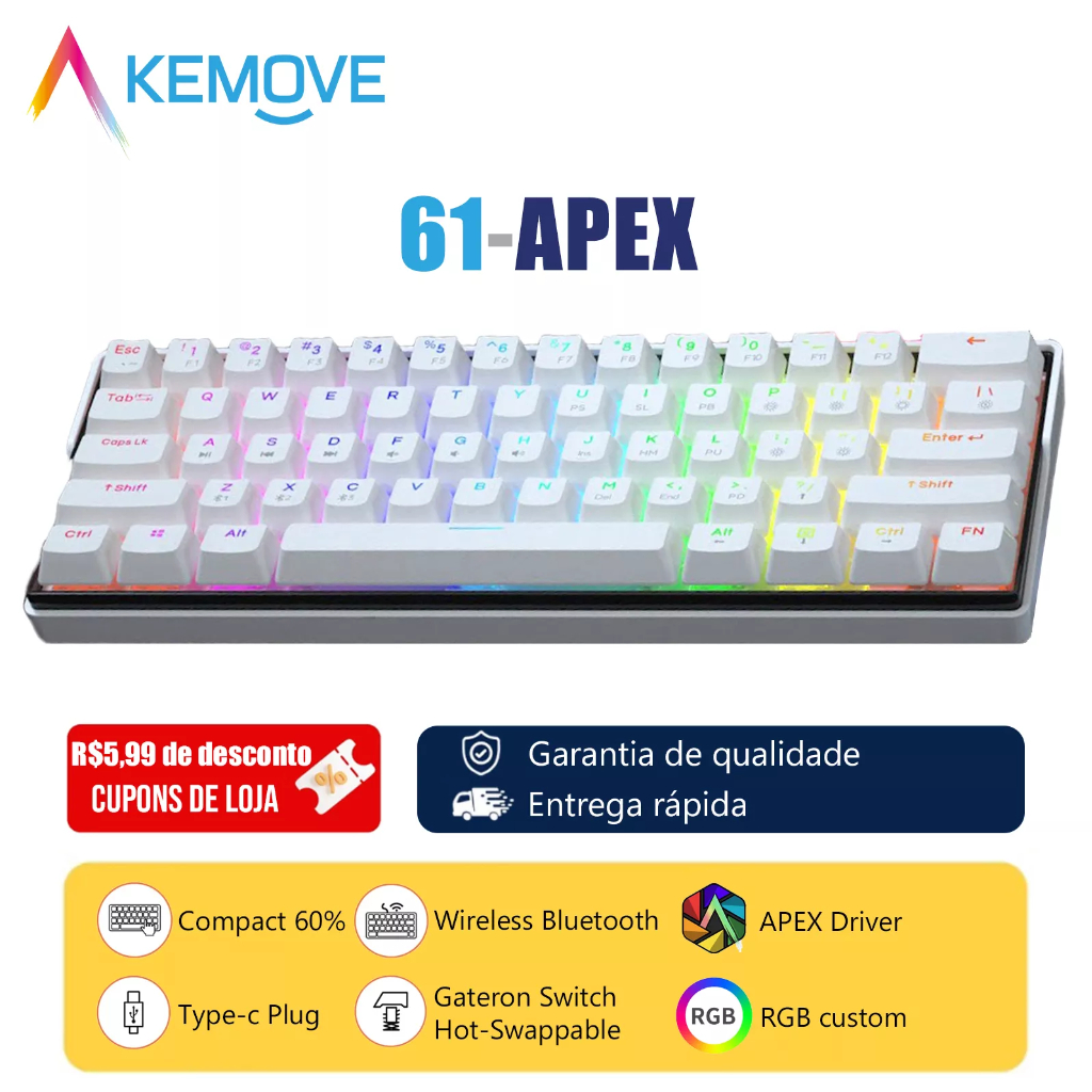 Teclado Mecânico 61-APEX 61keys 60 % Hotswap sem fio RGB/Recarregável ...