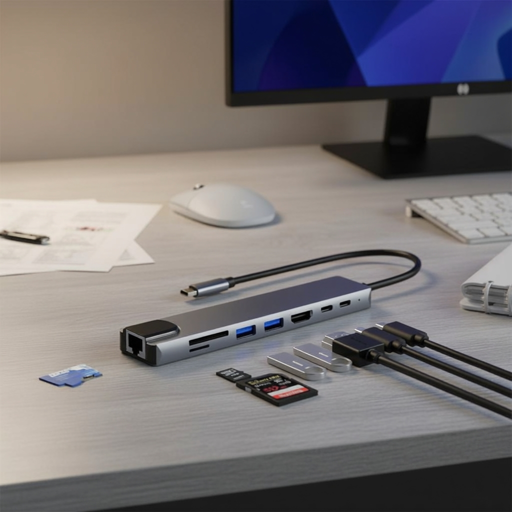 Hub USB-C 8-em-1 com VGA, HDMI 4K, RJ45 e duas portas 3.0 para MacBook ...