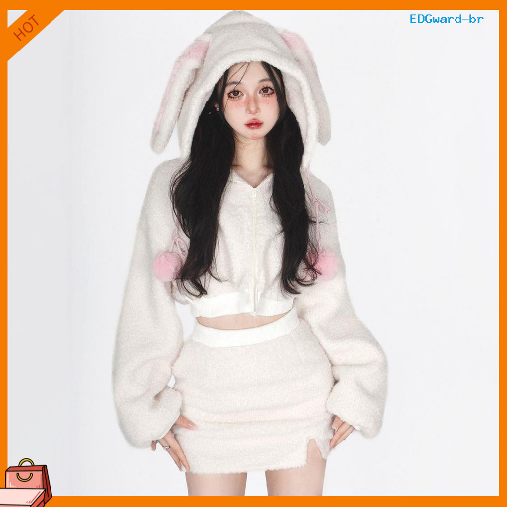 [EDG] 2 Unidades/Conjunto Feminino Saia Com Capuz Terno Grosso Pelúcia ...