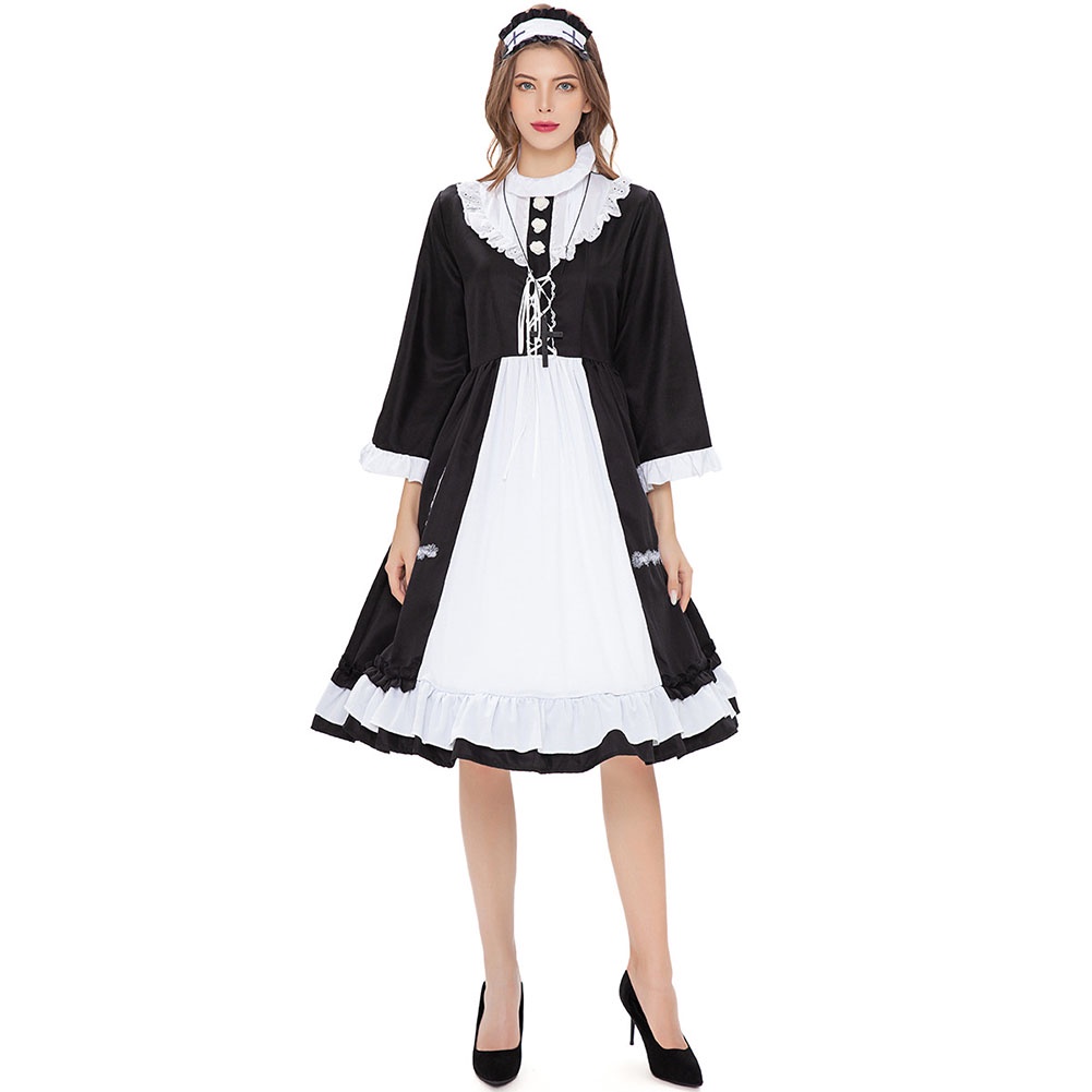 Feminino Preto Nobre Sacerdote Traje Freira Uniforme Babados Lolita ...