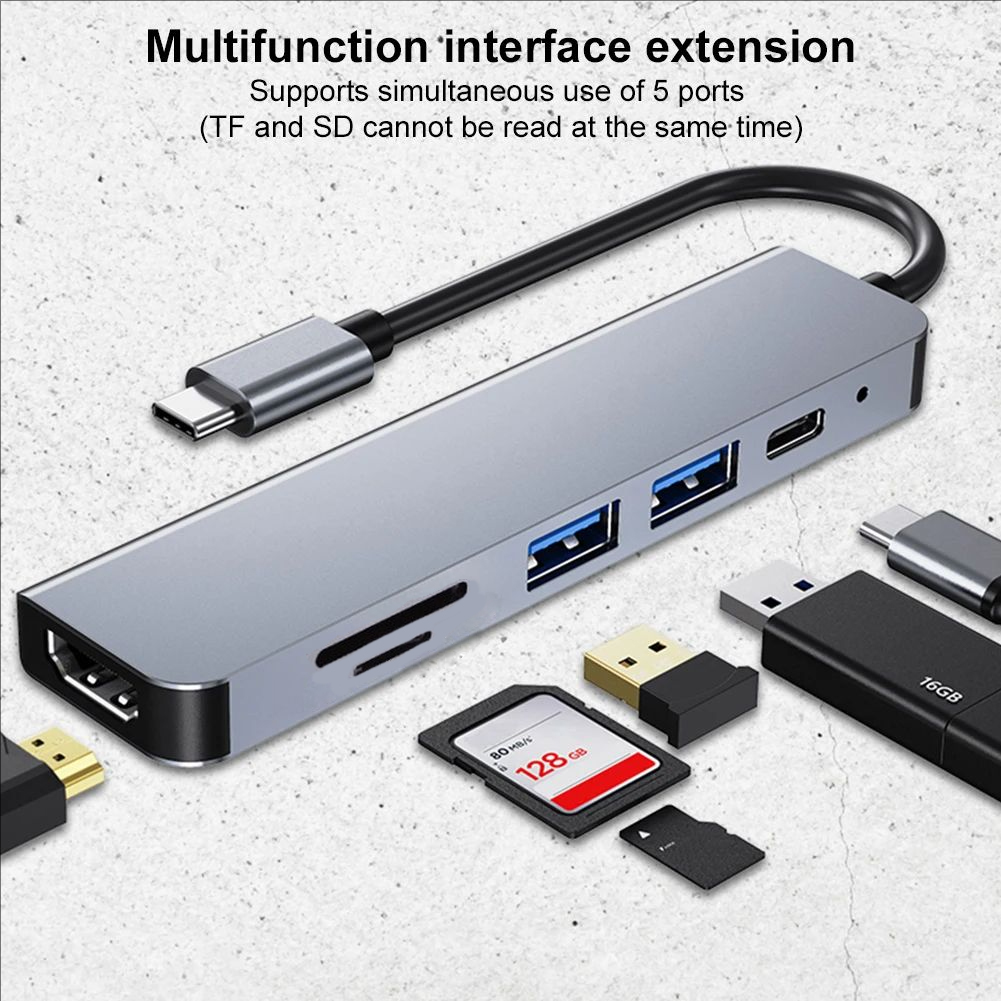 Type C Hub 6 Em 1 Adaptador De Leitor De Cartão TF SD Para Laptop PC Multi Portas HDMI 4K USB3.0 ...