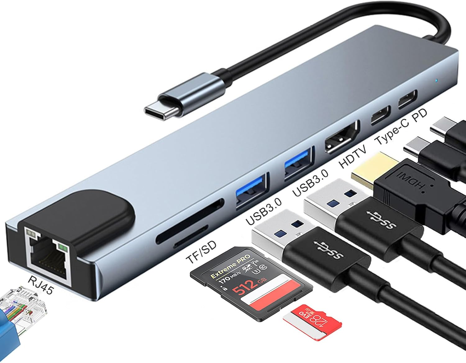Hub USB-C multifuncional 8 em 1, adaptador de múltiplas portas RJ45 Ethernet, com slot para ...