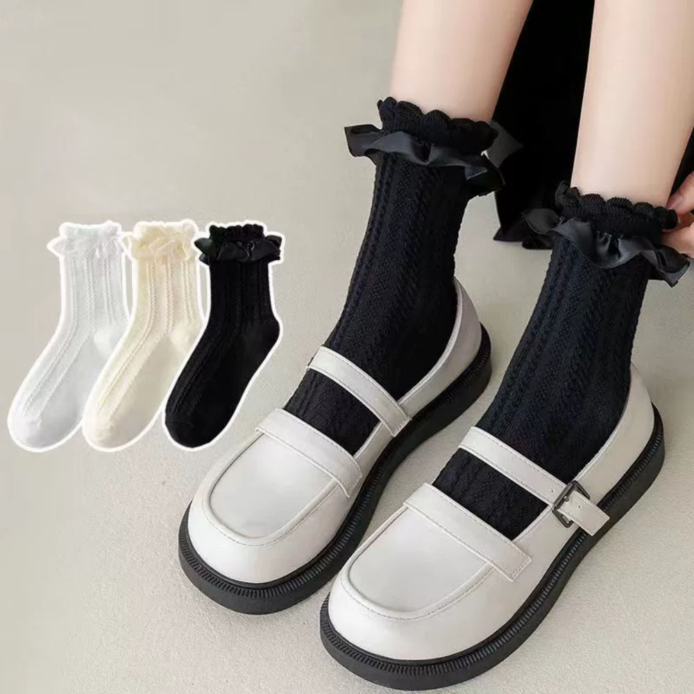 Meias Femininas Japonesas De Cano Médio – Lolita College Style Cute Mary Jane Shoes , Babados ...