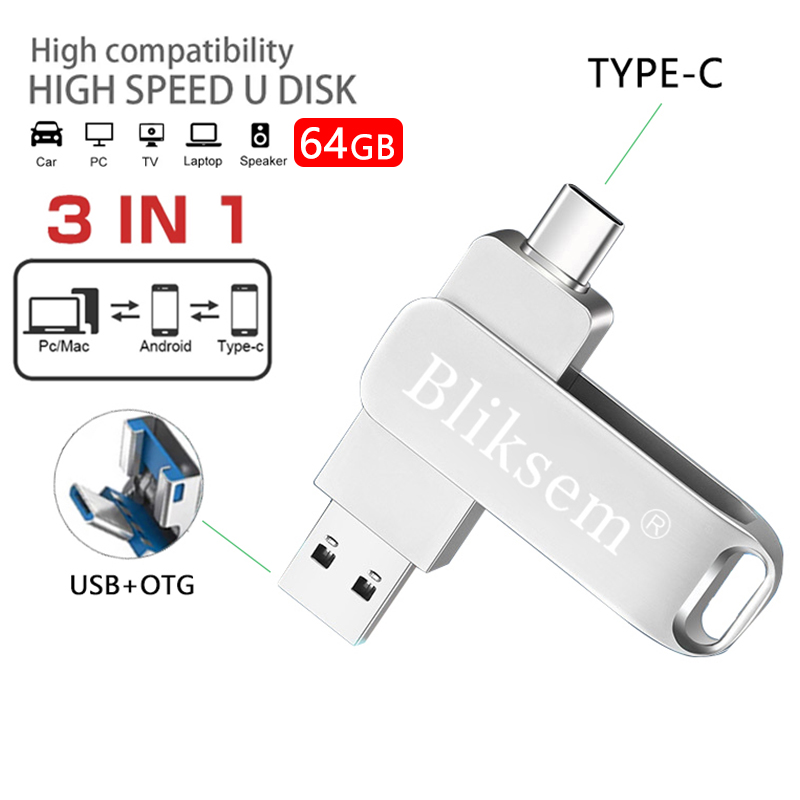 Bliksem original TYPE-C/OTG Três Em Uma Unidade flash , 64GB Bastão De Memória USB 2.0 De ...