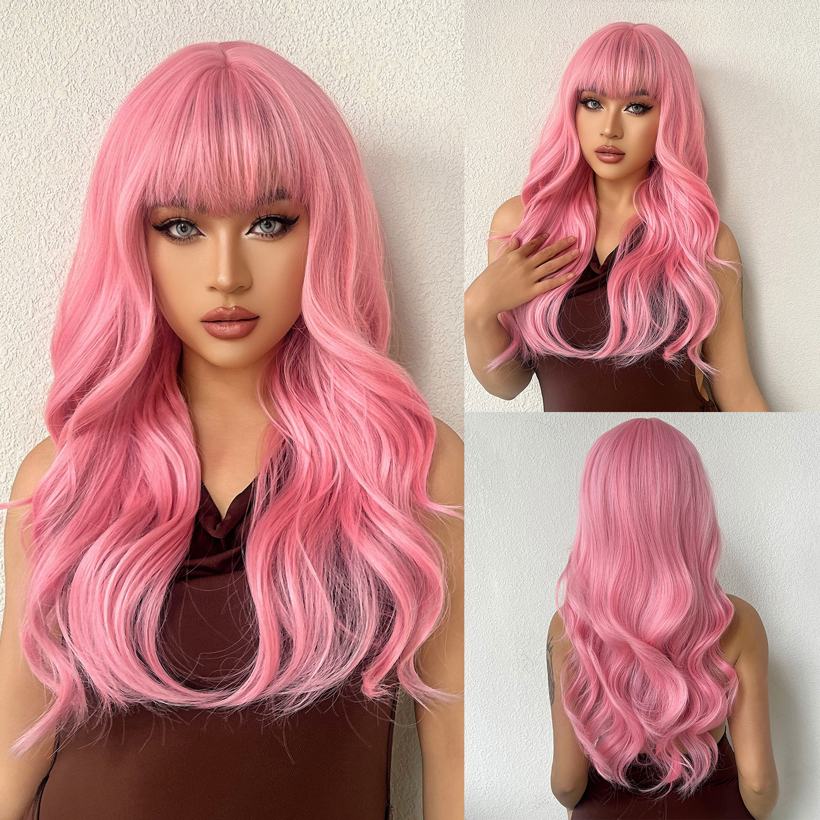 Perucas Sintéticas Pink Cosplay Com Bangs Para Mulheres Peruca Natural ...
