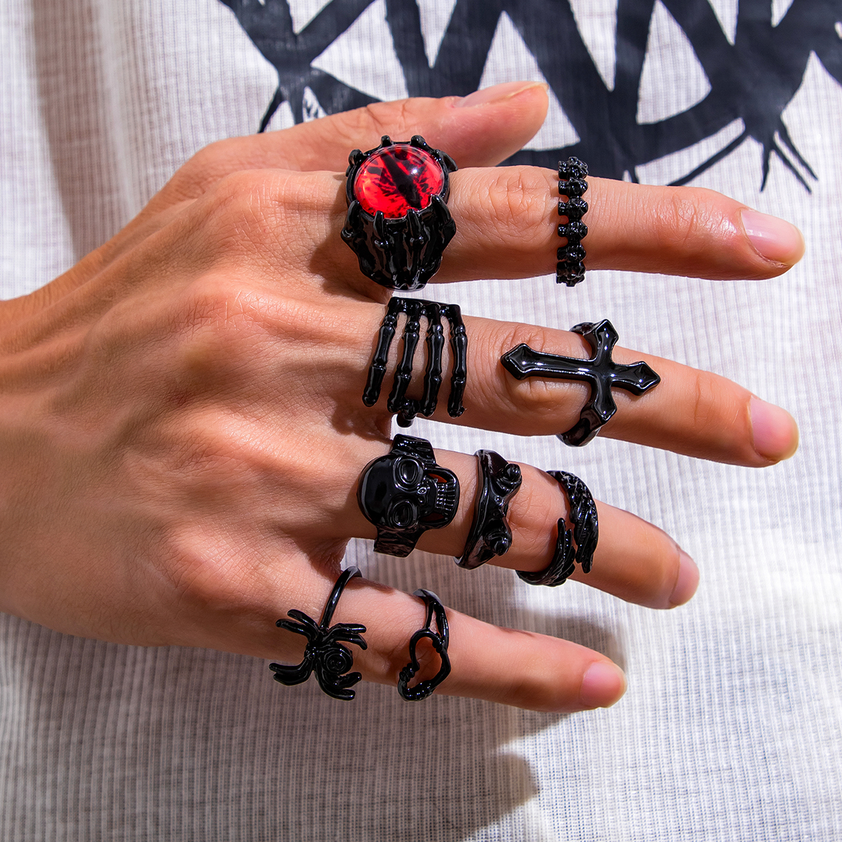 9 Pcs/Set Black Color Cross/Heart/Skull/Spider/Eyes/Claws Finger Rings ...