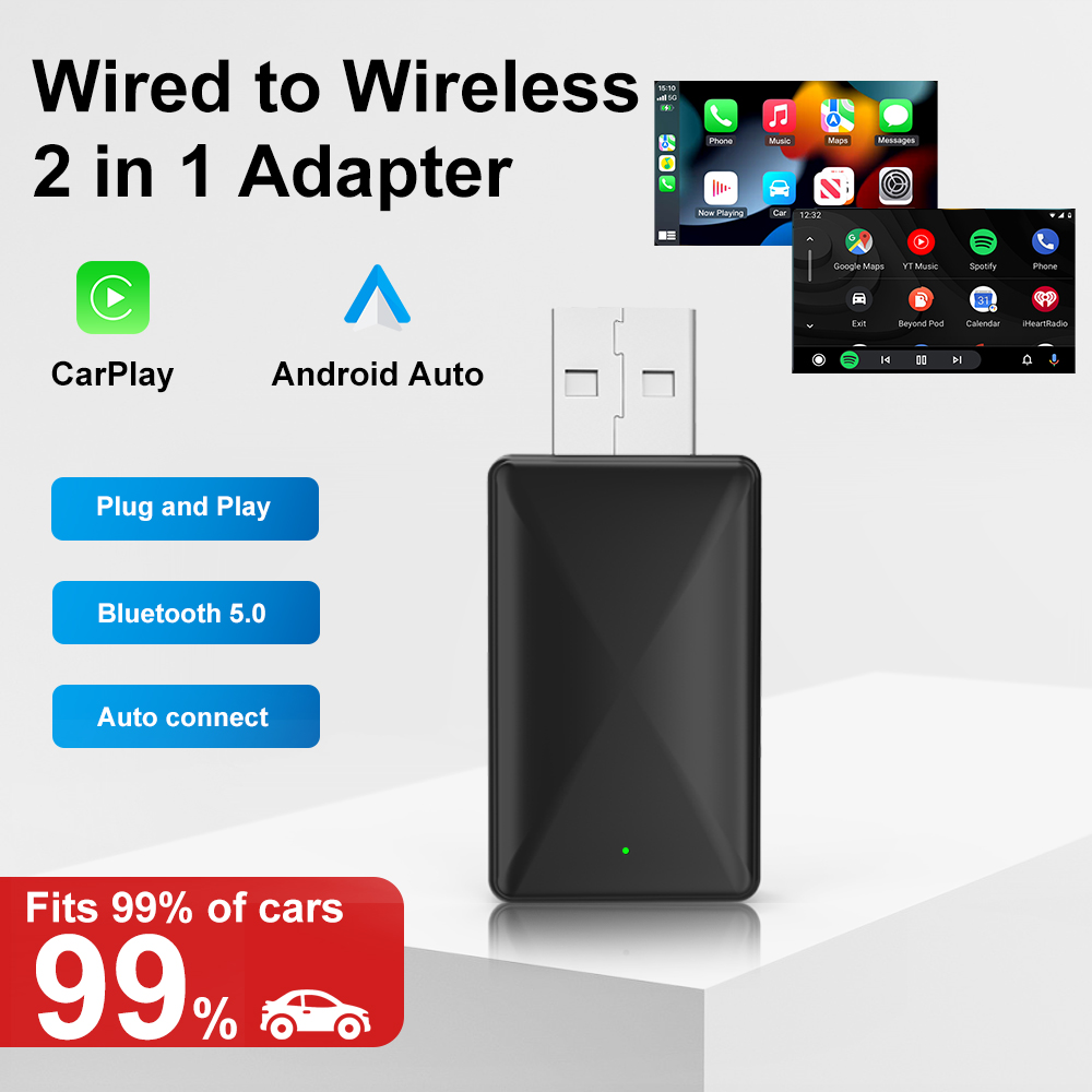 Adaptador Carplay Android Auto com fio para sem fio 2 em 1, caixa AI Carplay 5.8G Wifi e ...