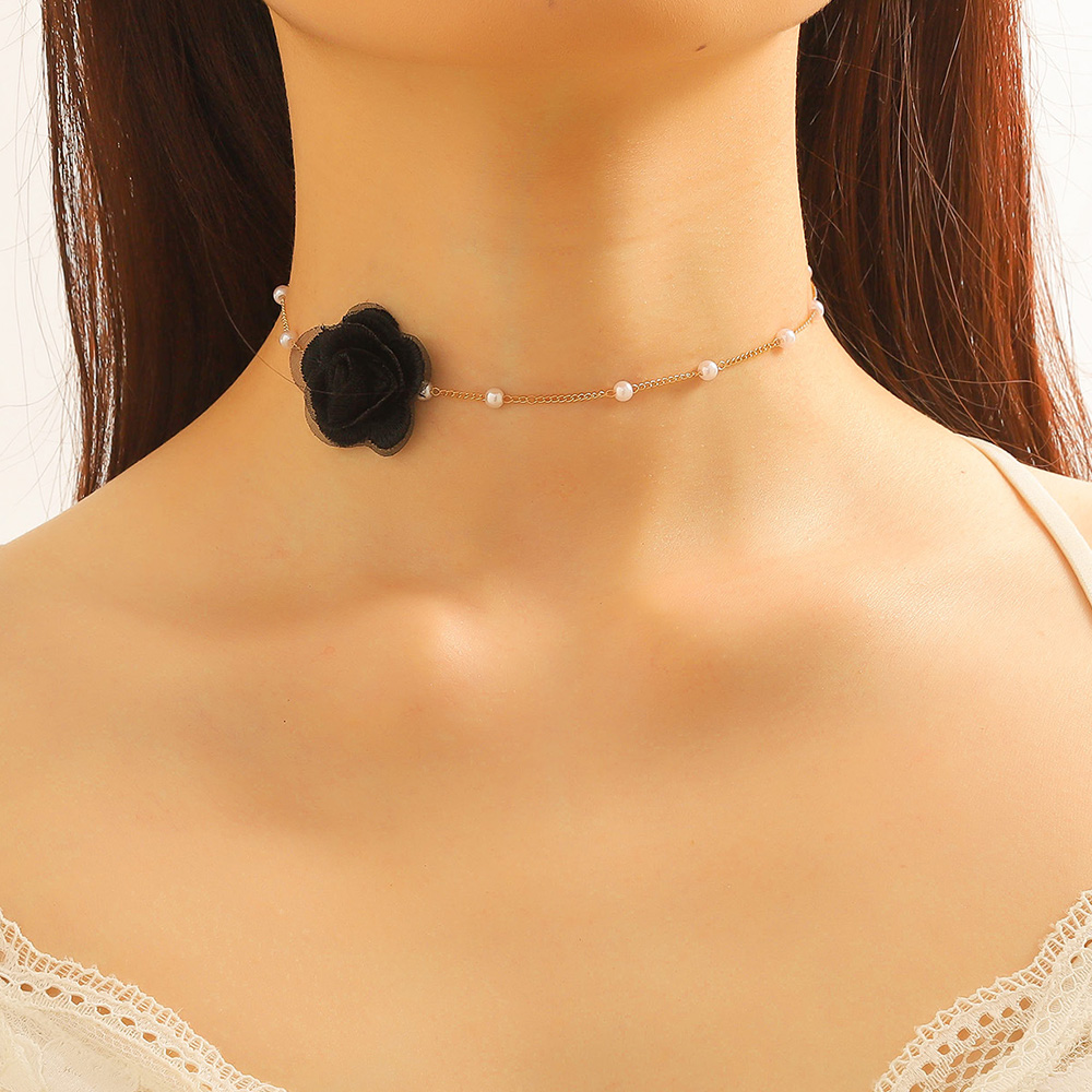Colar de Flor Negra para Mulheres Choker de Cadeia com Pérola Simulada ...
