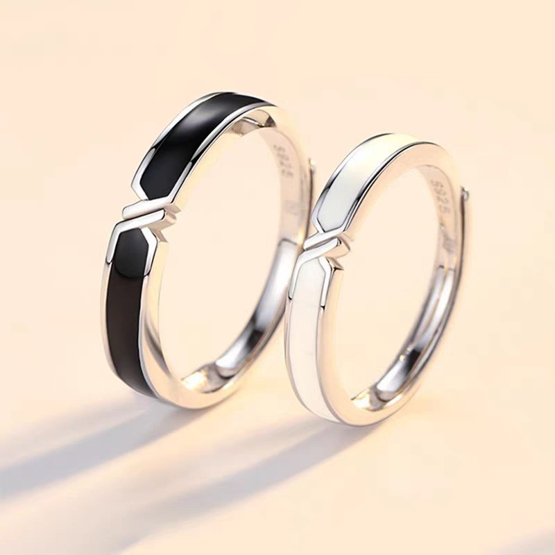 S925 Silver Black Black White Bond Couple Ring Abertura Ajustável Homens Homens Mulheres Fashion ...