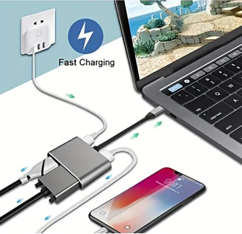 Hub USB Tipo C 4 em 1 para Adaptador HD VGA Digital AV com Carregamento ...