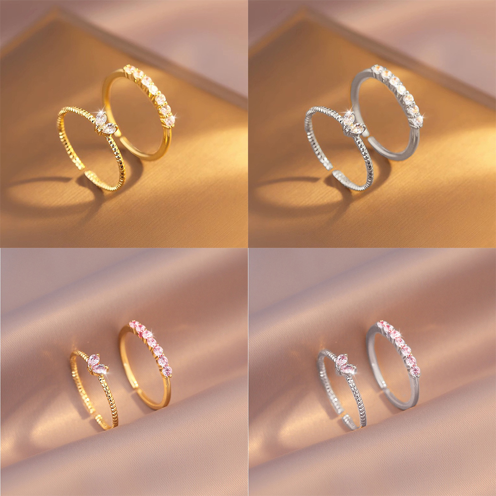 2Pcs/Set Zircon Heart Ring Elegante Ouro Prata Abertura Anéis ...