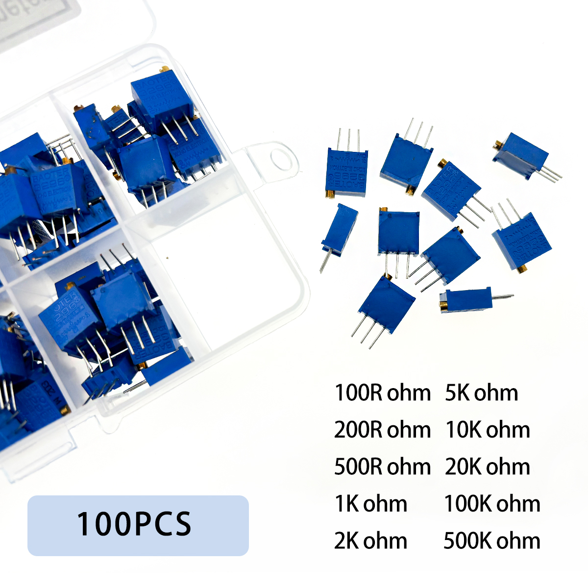 100pcs 3296W Potenciômetro 100R 200R 500R 1K 2K 5K 10K 20K 100K 500K Ohm Aparador Multivoltas ...