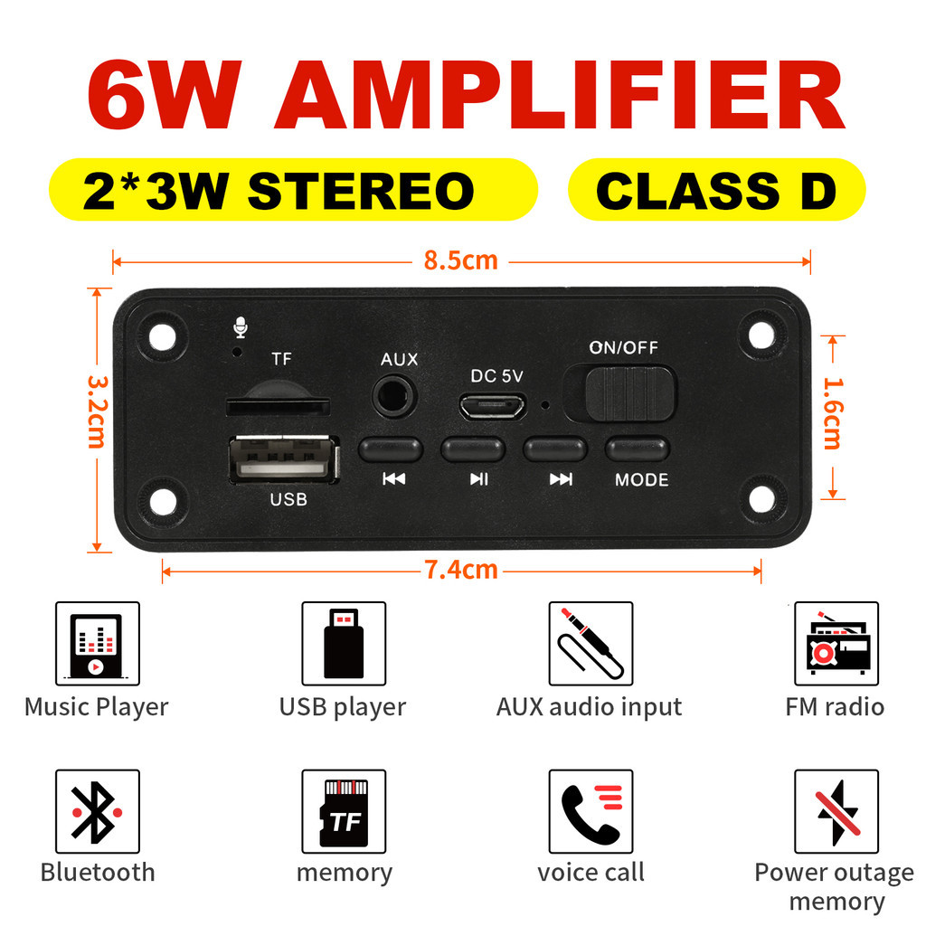 Placa Decodificadora MP3 Bluetooth 5.0 6W Amplificador com Gravação de ...