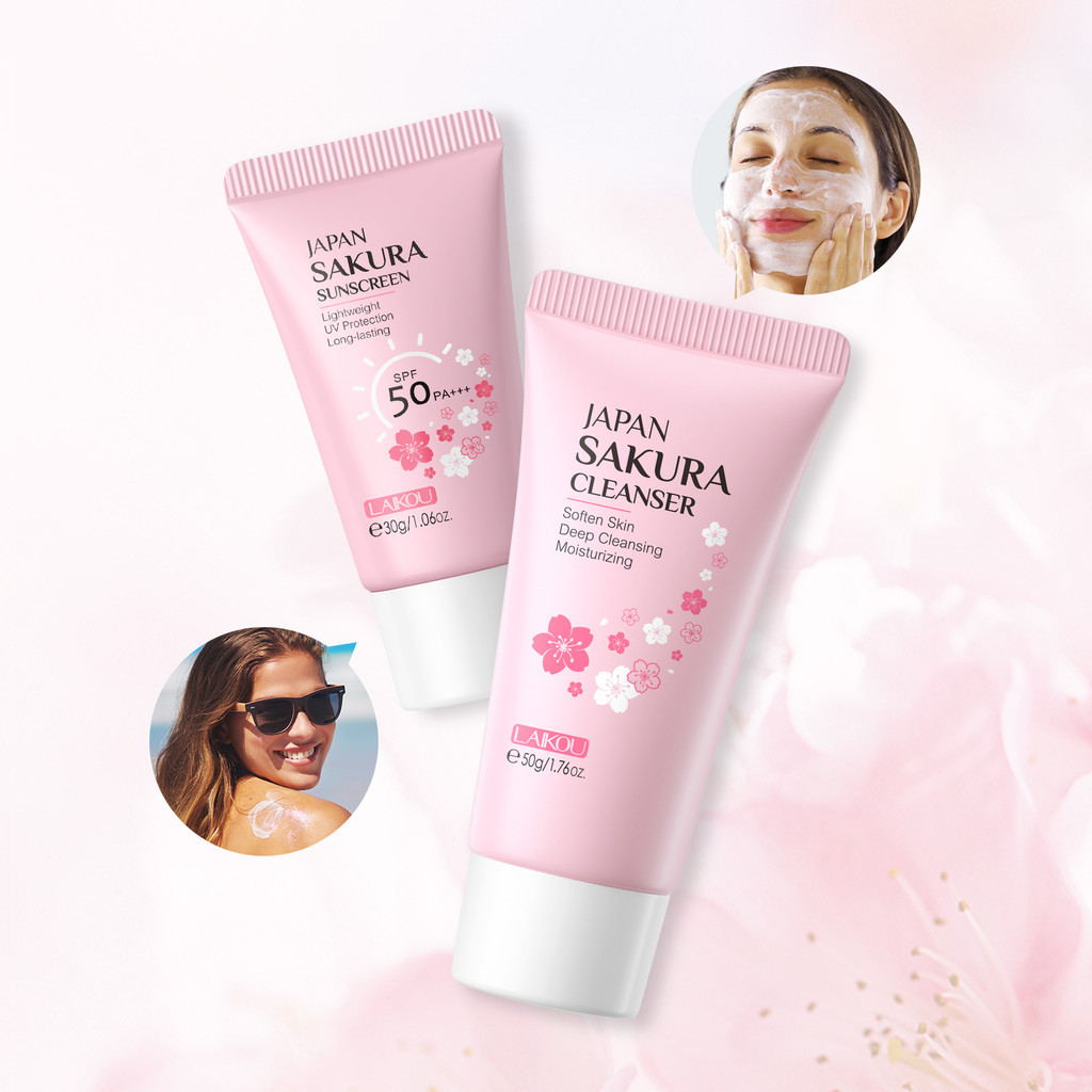 LAIKOU Limpador Sakura + Conjunto Protetor Solar Limpeza Suave Brilhante Tom De Pele Hidratante ...