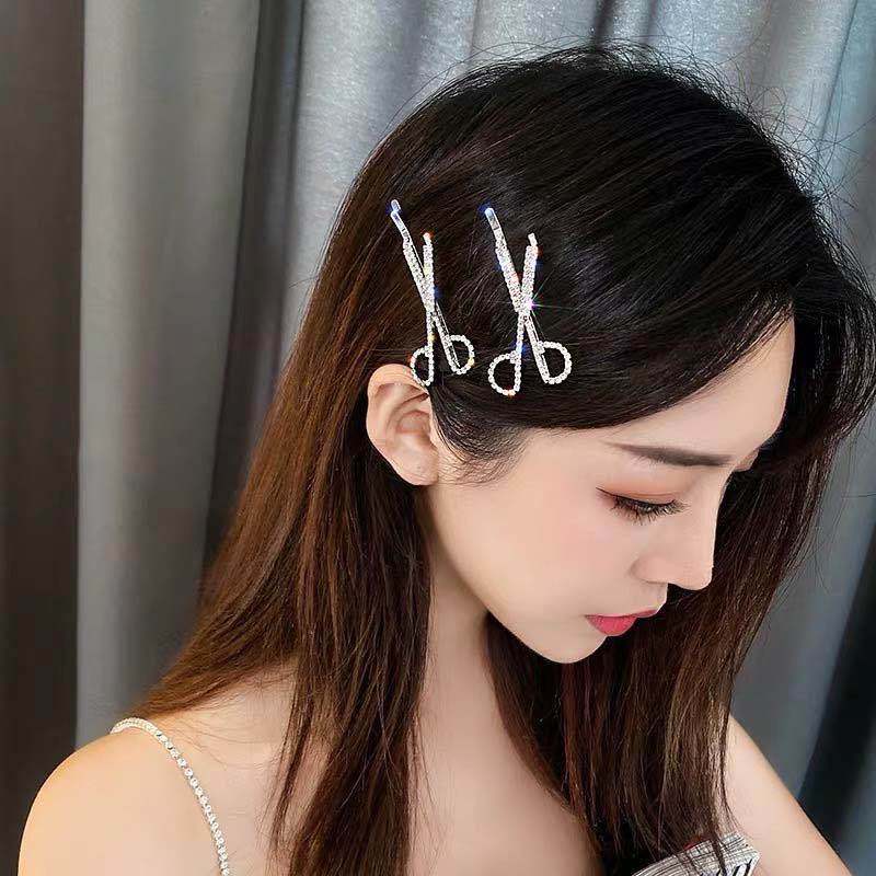 2 pçs versão coreana strass grampo de cabelo diamante pequena tesoura ...