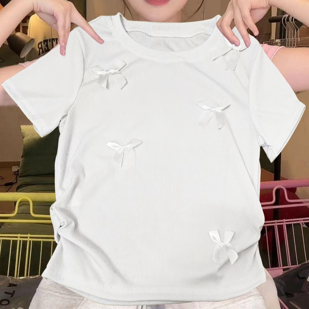 Camiseta Feminina Com Laço , Blusa Recortada Japonesa Gola Redonda ...