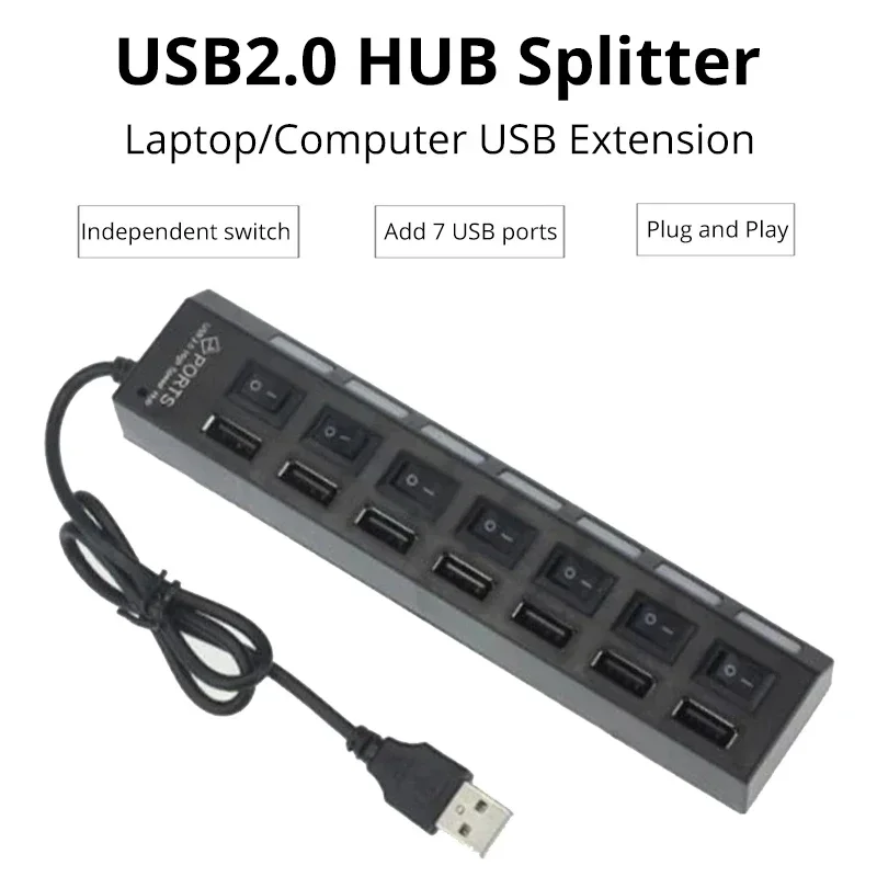 Novo Hub USB 7 em 1 USB 2.0 com Chave Independente para Expansão ...