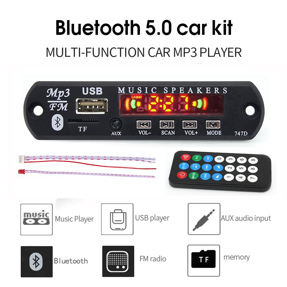 Placa Amplificadora Bluetooth 5.0 MP3 Player FM Automotivo com Controle Remoto 12V USB TF AUX ...
