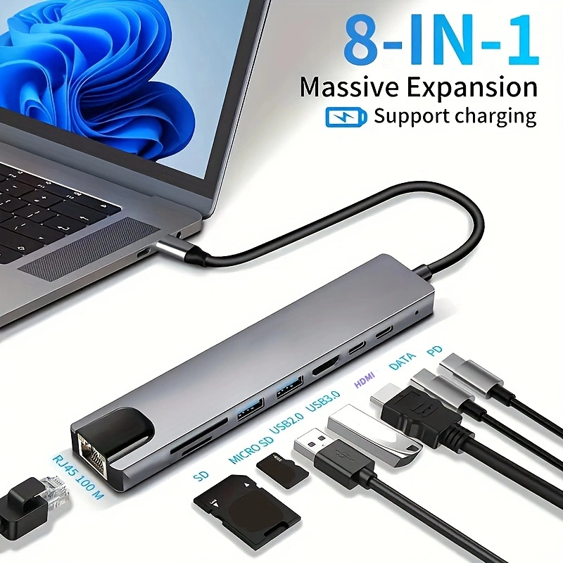 8 Em 1 Type C Para Porta De Rede Leitor De Cartão Multiporta HDMI ...