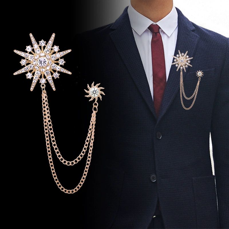 Broche de lapela com corrente de franjas de cristal em forma de floco ...
