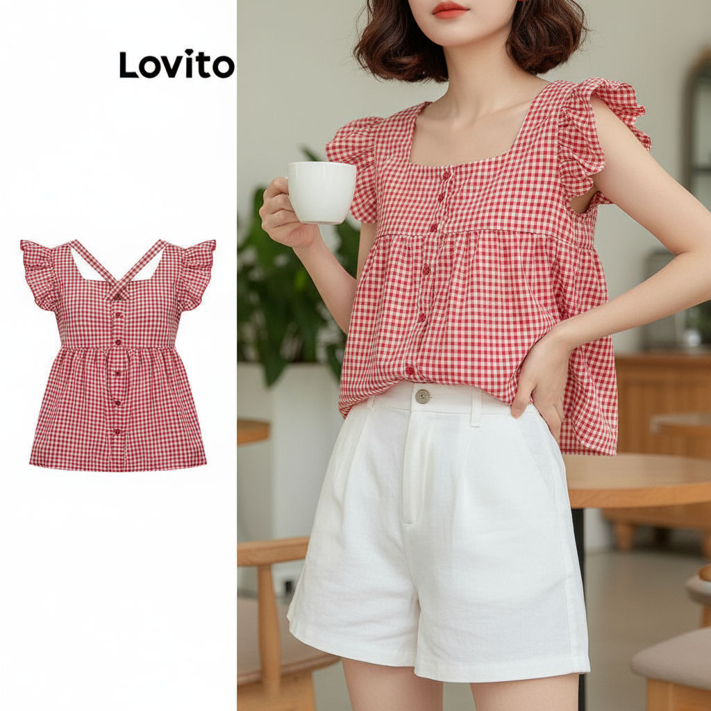 Lovito Blusa Fofa Xadrez Recortada Com Botão Plissado Para Mulheres ...