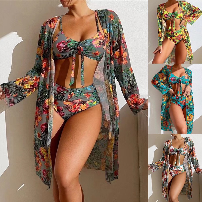 Novo Estilo Beach Fato De Banho Feminino Blusa Impressa De Três Peças